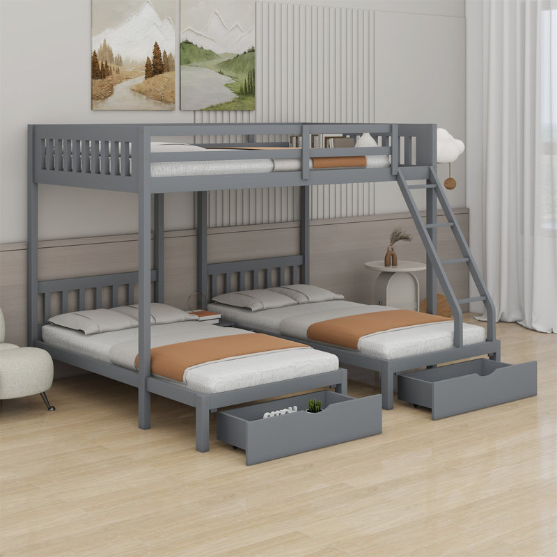 Harriet Bee Wood Triple Bunk Bed With Drawers And Guardrails Wayfair
